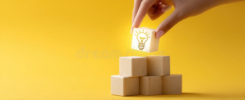 The Hand Placing a Lightbulb Block on a Bright Yellow Background.AI ...
