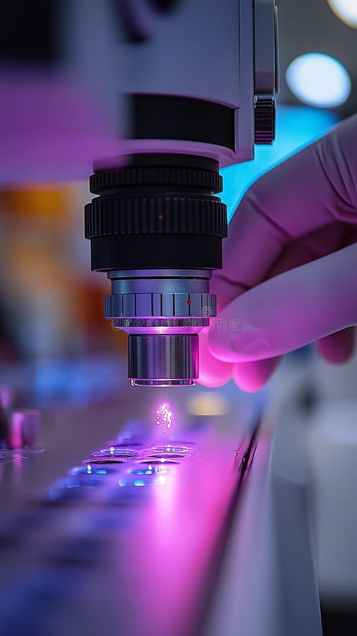 Hand Placing Microscope Lens with Vibrant Light Reflections in High ...