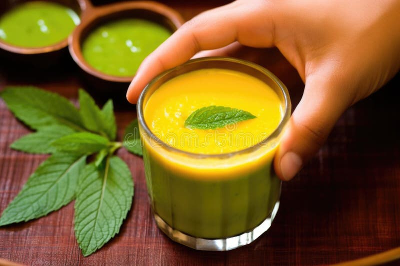Hand Placing Mint Leaves on Top of a Mango Lassi Stock Image - Image of ...