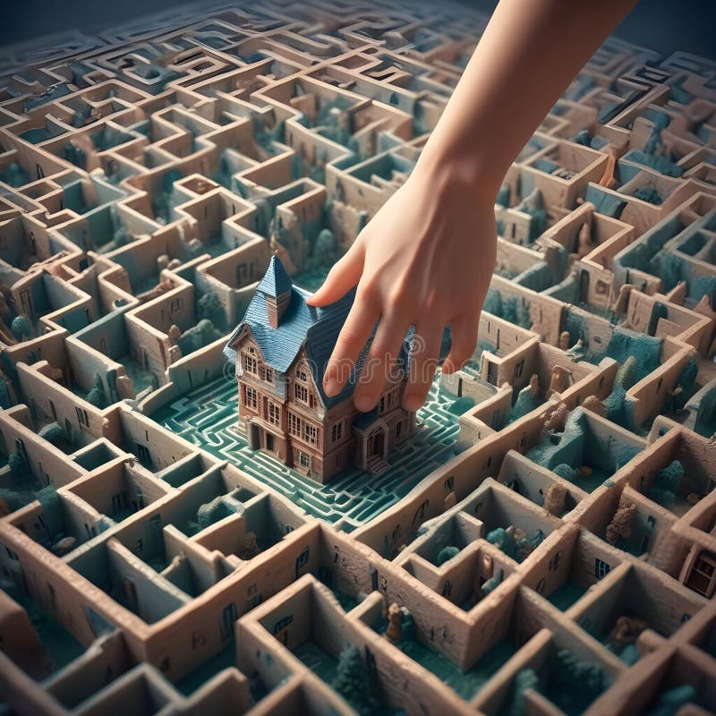 A Hand Placing a Model House in the Center of a Labyrinth, Representing ...
