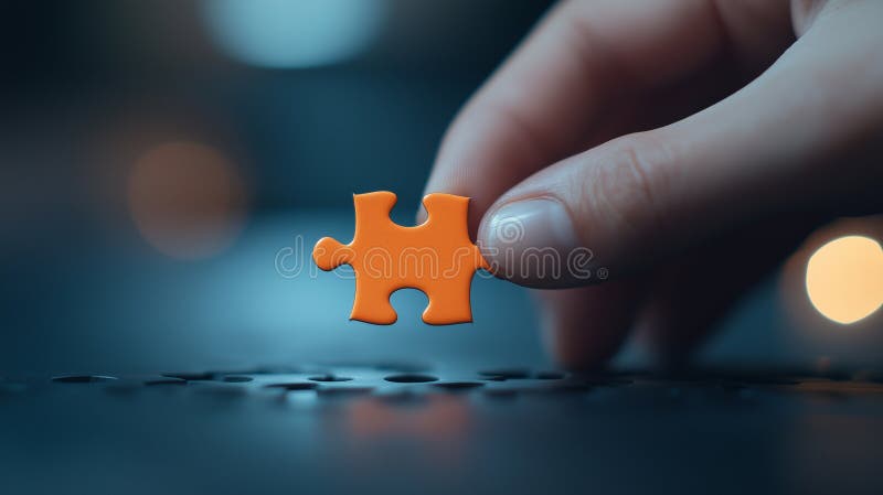 Hand Placing Orange Puzzle Piece on Dark Surface, Symbolizing Problem ...