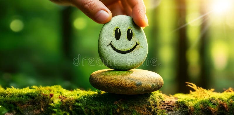 Hand Placing a Pebble with Smiling Face on Top of a Stack of Pebbles in ...