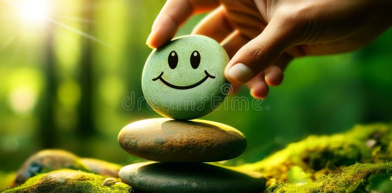 Hand Placing a Pebble with Smiling Face on Top of a Stack of Pebbles in ...