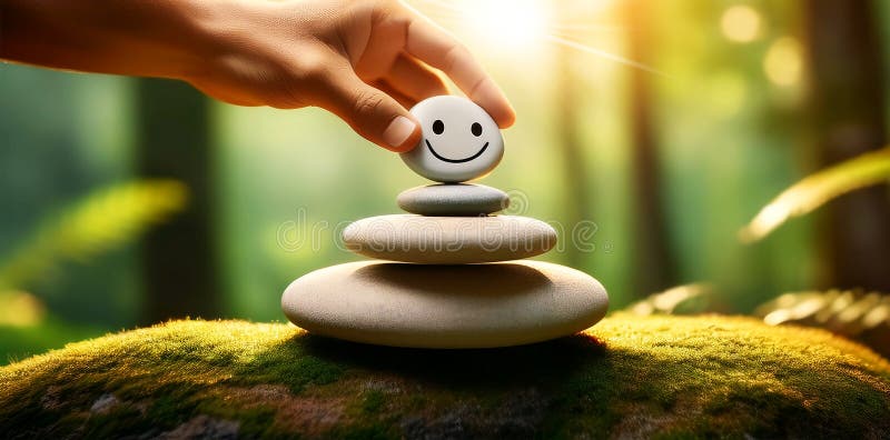 Hand Placing a Pebble with Smiling Face on Top of a Stack of Pebbles in ...