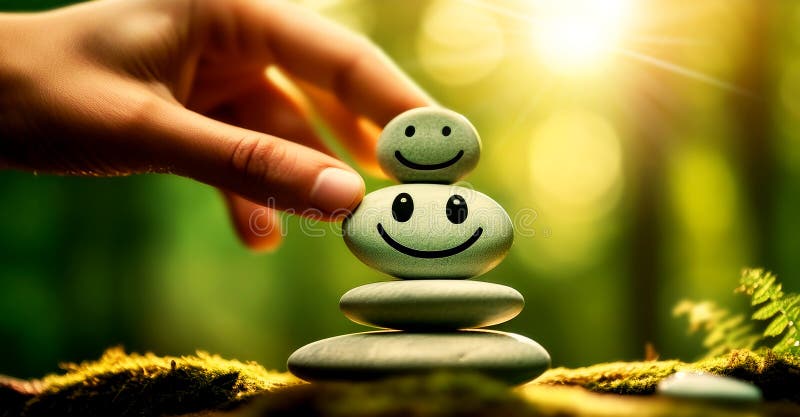 Hand Placing a Pebble with Smiling Face on Top of a Stack of Pebbles in ...