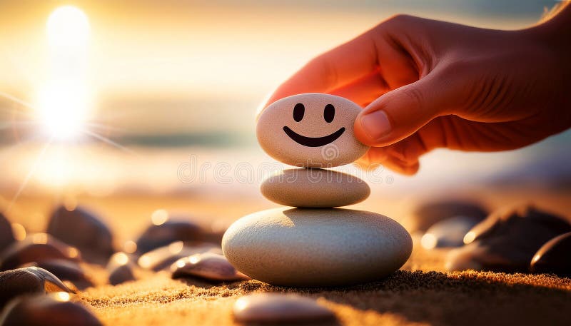 Hand Placing a Pebble with Smiling Face on Top of a Stack of Pebbles ...