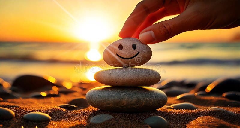 A Hand Placing a Pebble with Smiling Face on Top of a Stack of Pebbles ...