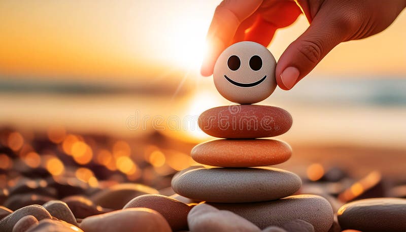 Hand Placing a Pebble with Smiling Face on Top of a Stack of Pebbles ...