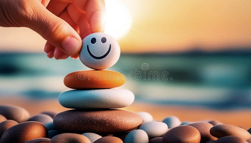 Hand Placing a Pebble with Smiling Face on Top of a Stack of Pebbles ...