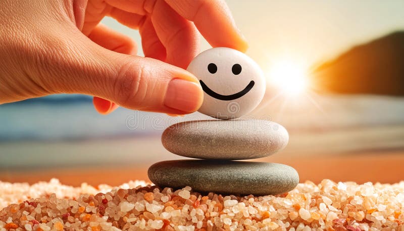 Hand Placing a Pebble with Smiling Face on Top of a Stack of Pebbles ...