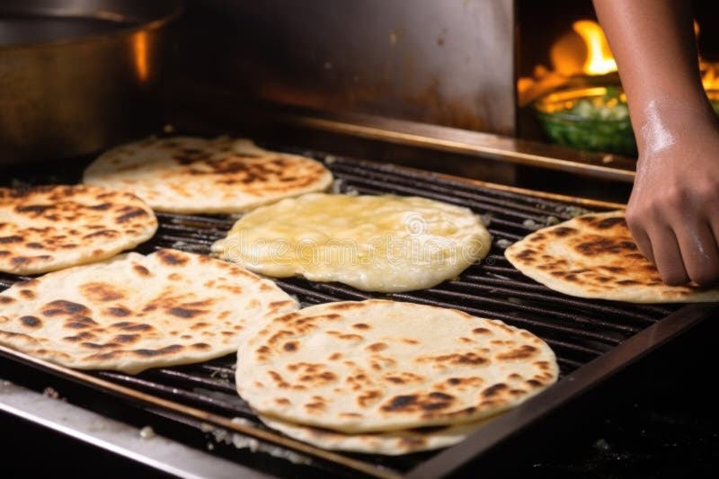 Hand Placing Peshwari Naan on a Hot Griddle for Cooking Stock Photo ...
