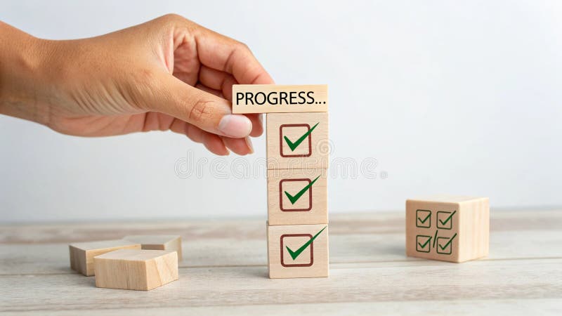 Hand Placing Progress Block on Stack of Checkmarks Stock Illustration ...