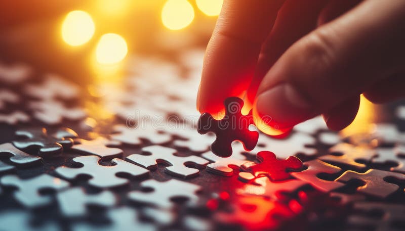 A Hand Placing a Puzzle Piece on a Dark Surface, Illuminated by Soft ...