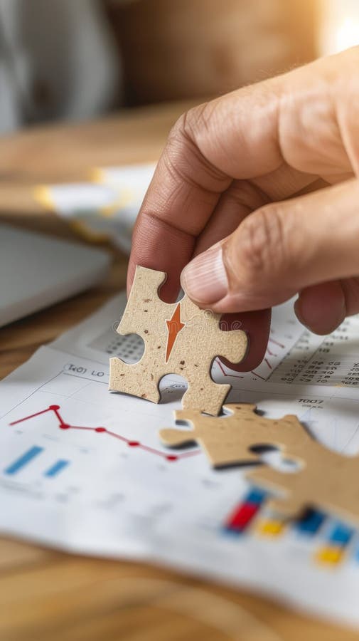 Hand Placing a Puzzle Piece on a Desk with Financial Charts and Graphs ...