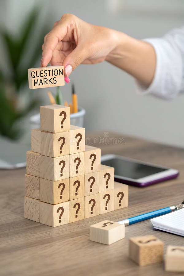 Hand Placing "Question Marks" Wooden Block on a Growing Stack. Stock ...