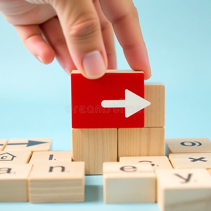 Hand Placing a Red Block with an Arrow on a Stack of Wooden Blocks ...