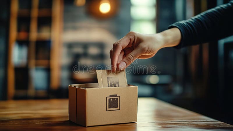 Hand Placing a Small Package into a Cardboard Box on a Wooden Table ...