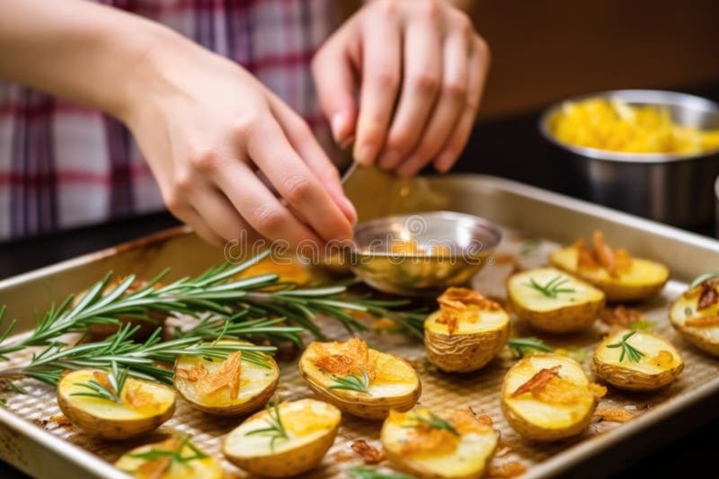 Hand Placing a Sprig of Rosemary on Cooked Potato Skins Stock Image ...