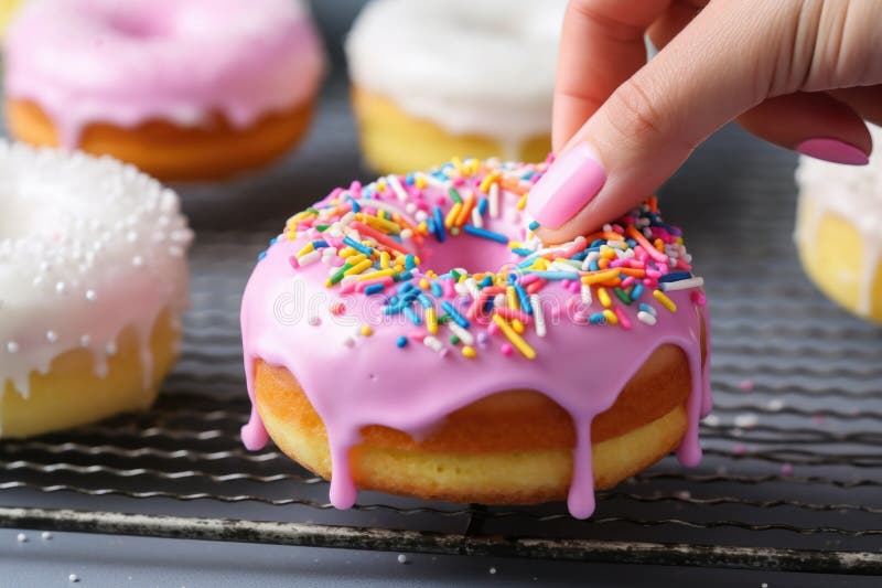 Hand Placing Sprinkles on Wet Icing of a Donut Stock Illustration ...
