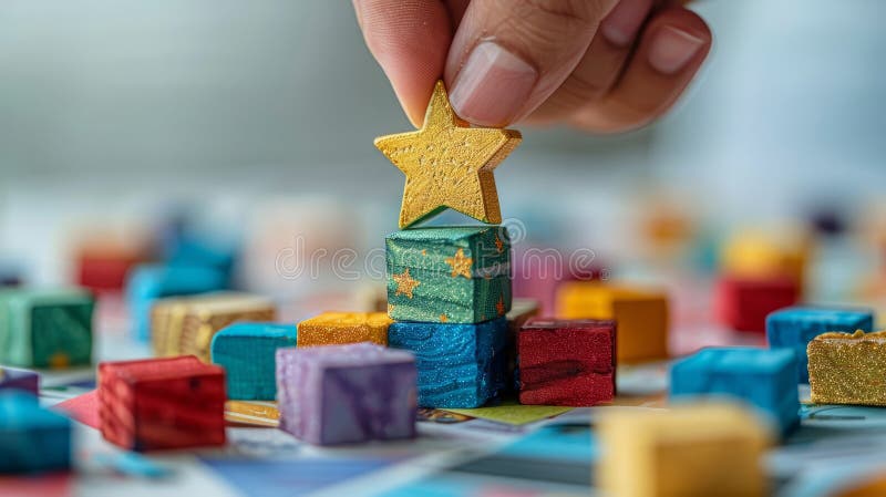Hand Placing a Star on Top of Colorful Blocks. Stock Photo - Image of ...