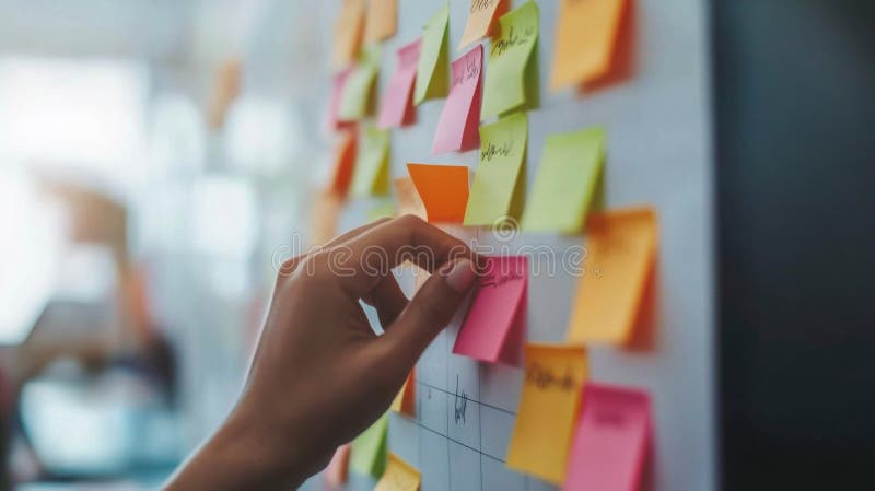 Hand Placing Sticky Note on Whiteboard with Other Notes Stock ...