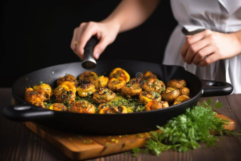 Hand Placing Stuffed Mushroom Caps into a Frying Pan Stock Image ...