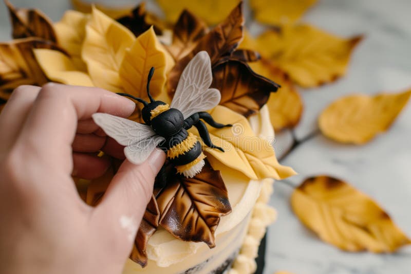 Hand Placing a Sugar Paste Bee on a Cake Topped with Fondant Leaves ...