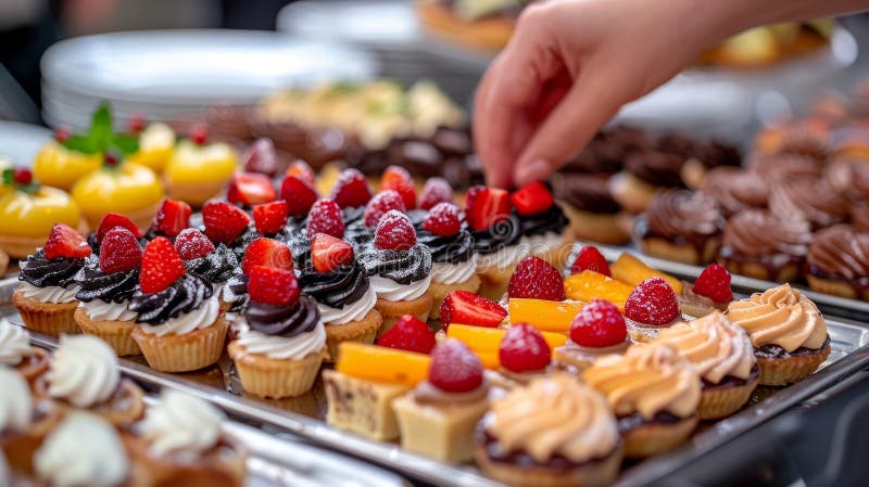 A Hand Placing Toppings on a Tray of Assorted Cupcakes. Stock Photo ...