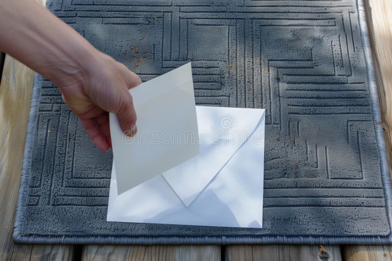 Hand Placing White Envelope on a Gray Doormat Stock Image - Image of ...