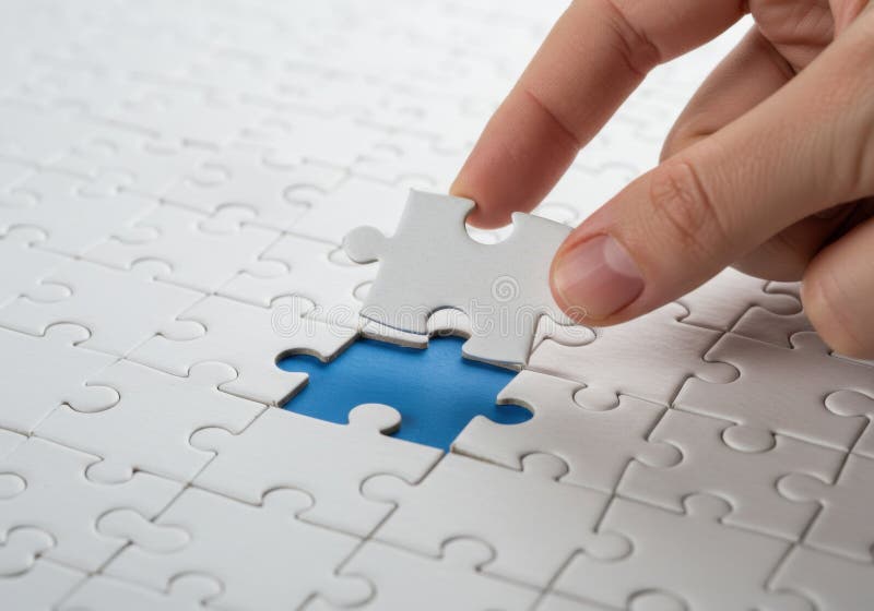 A Hand Placing a White Jigsaw Puzzle Piece into a Blue Gap in a ...