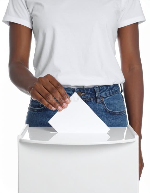 Woman Putting Her Vote into Ballot Box Against White Background ...