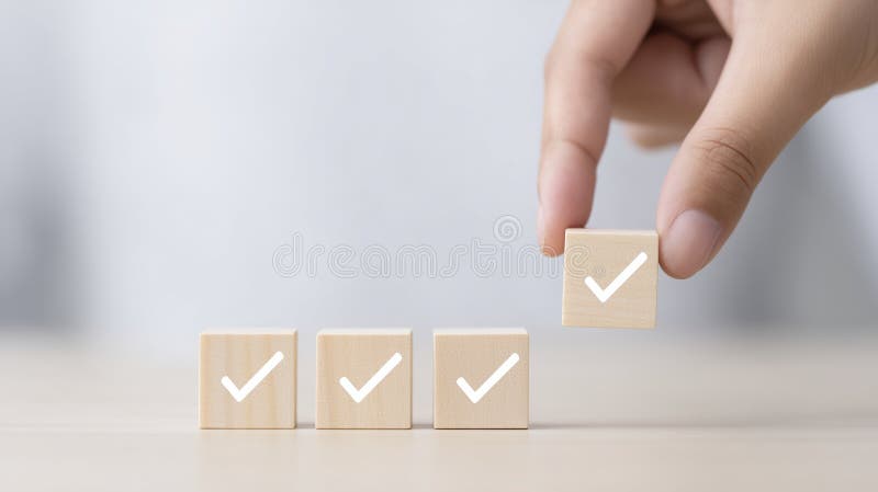 Hand Placing Wooden Block with Check Mark among Three Others on a Table ...
