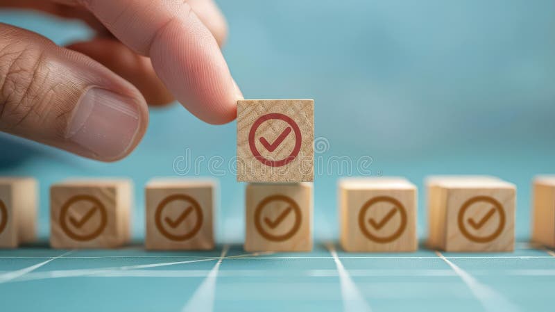 Hand Placing a Wooden Block with a Checkmark Symbol in a Sequence ...