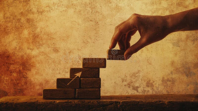Hand Placing a Wooden Block Onto a Stack of Wooden Blocks in a ...