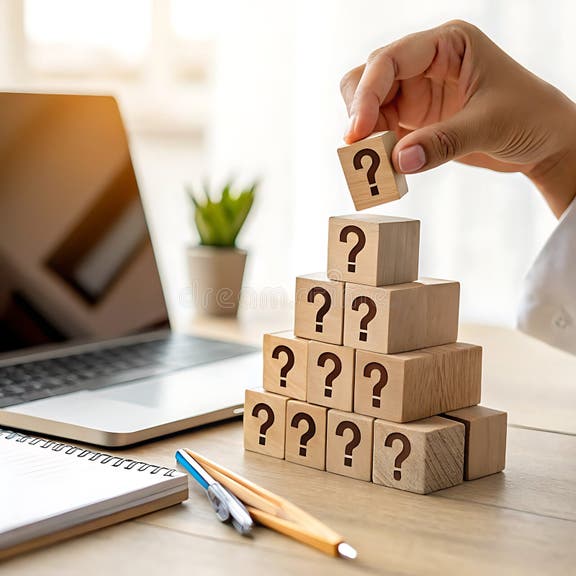 Hand Placing Wooden Block with Question Mark, Representing Uncertainty ...