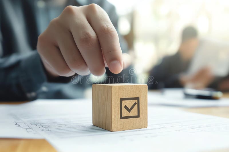 Hand Placing a Wooden Check Mark Block on Paperwork Symbolizing ...
