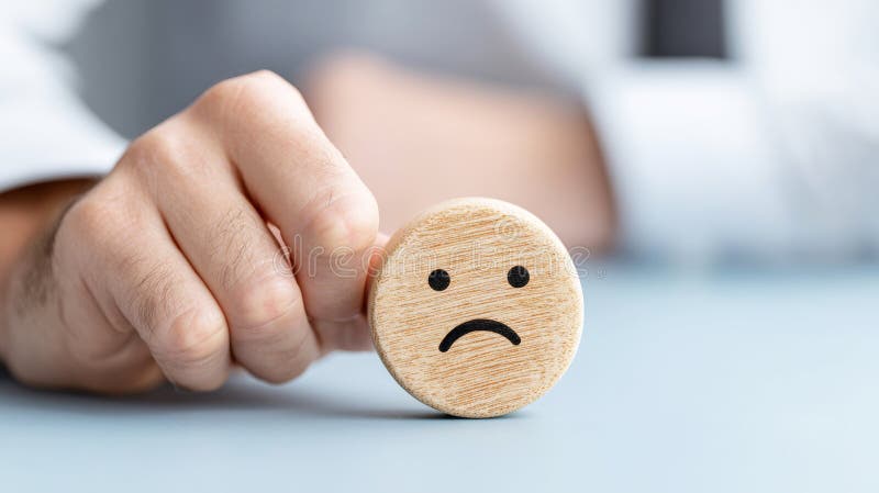 Hand Placing a Wooden Sad Face on a Blue Table, Representing Negative ...