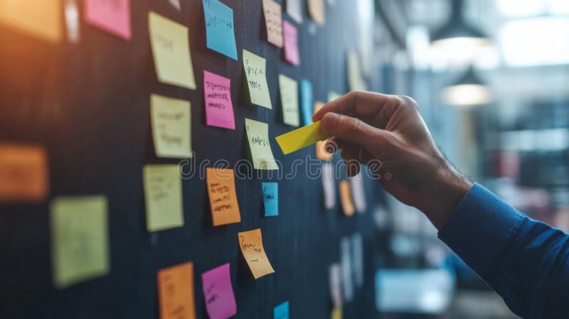 Hand Placing Yellow Sticky Note on Black Wall with Other Notes Stock ...