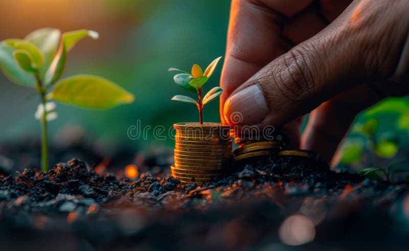 Hand is Planting Coin with Plant Growing on Top of it. Stock Photo ...