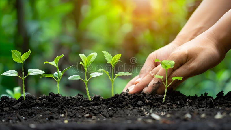 Hand Planting Green Seedlings in Dark Soil Realistic Image Stock ...