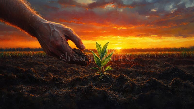 Hand Planting Seedling at Sunset in Farm Field Stock Illustration ...