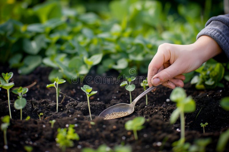 A Hand Planting Seeds with a Spoon in a Garden Stock Photo - Image of ...
