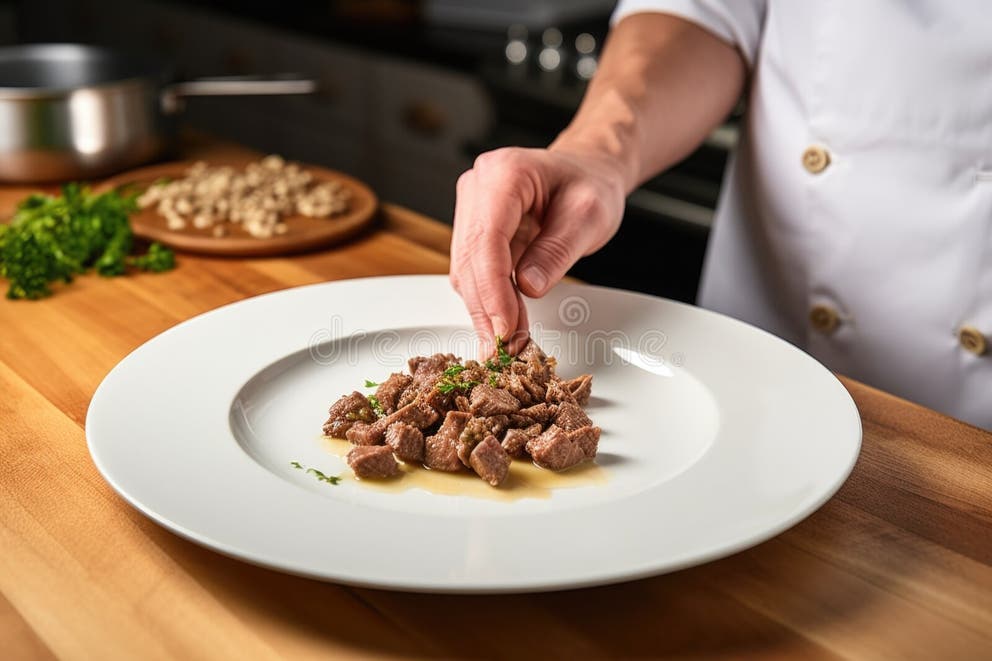 Hand Plating Beef Stroganoff Onto a White Ceramic Plate Stock ...
