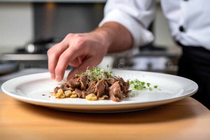 Hand Plating Beef Stroganoff Onto a White Ceramic Plate Stock ...