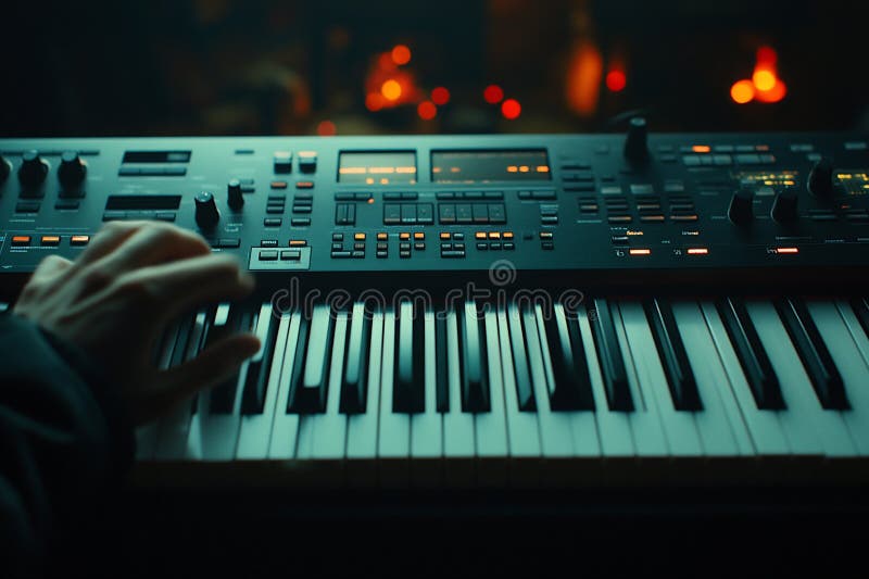 A Hand Playing a Synthesizer Keyboard in a Dimly Lit Setting Stock ...
