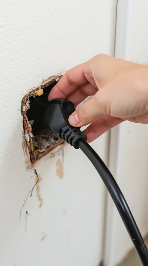 Hand Plugging Black Electrical Cord into Unfinished Wall Socket Stock Illustration ...