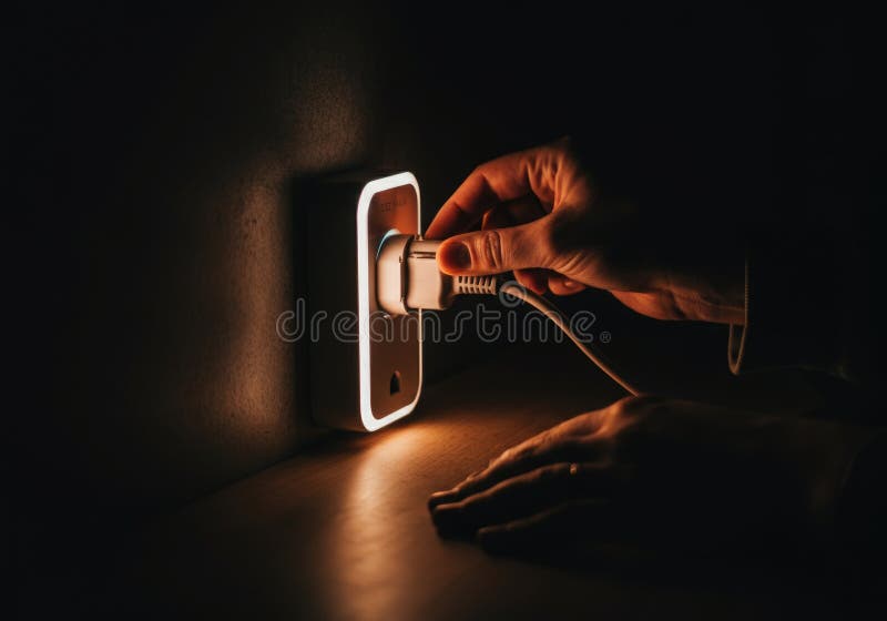 Hand Plugging Cable into Illuminated Wall Socket in Dimly Lit Room ...