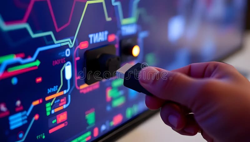 A Hand Plugging in an Electrical Cable into an Interface Stock ...