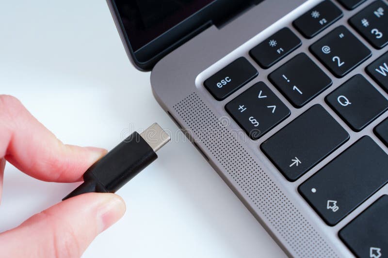 Hand Plugging USB Type-C Cable into Laptop Stock Image - Image of ...