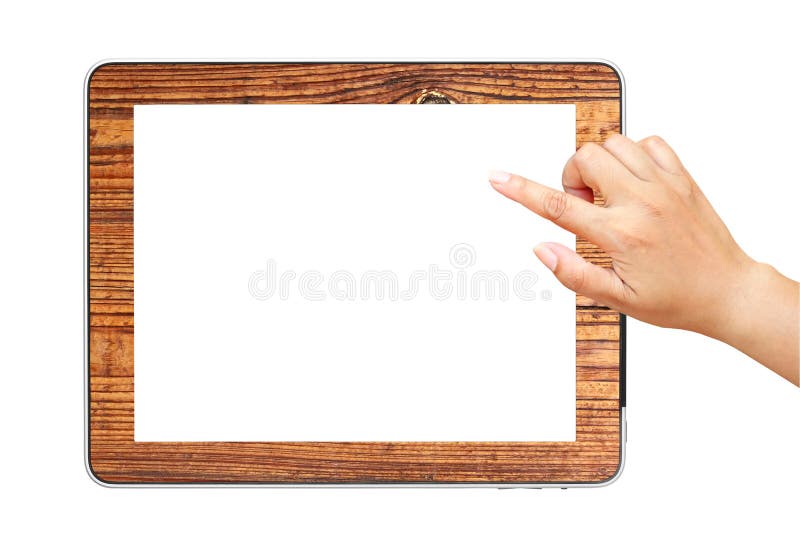 Hand Point on Digital Tablet Pc Wood Mount Stock Photo - Image of ...
